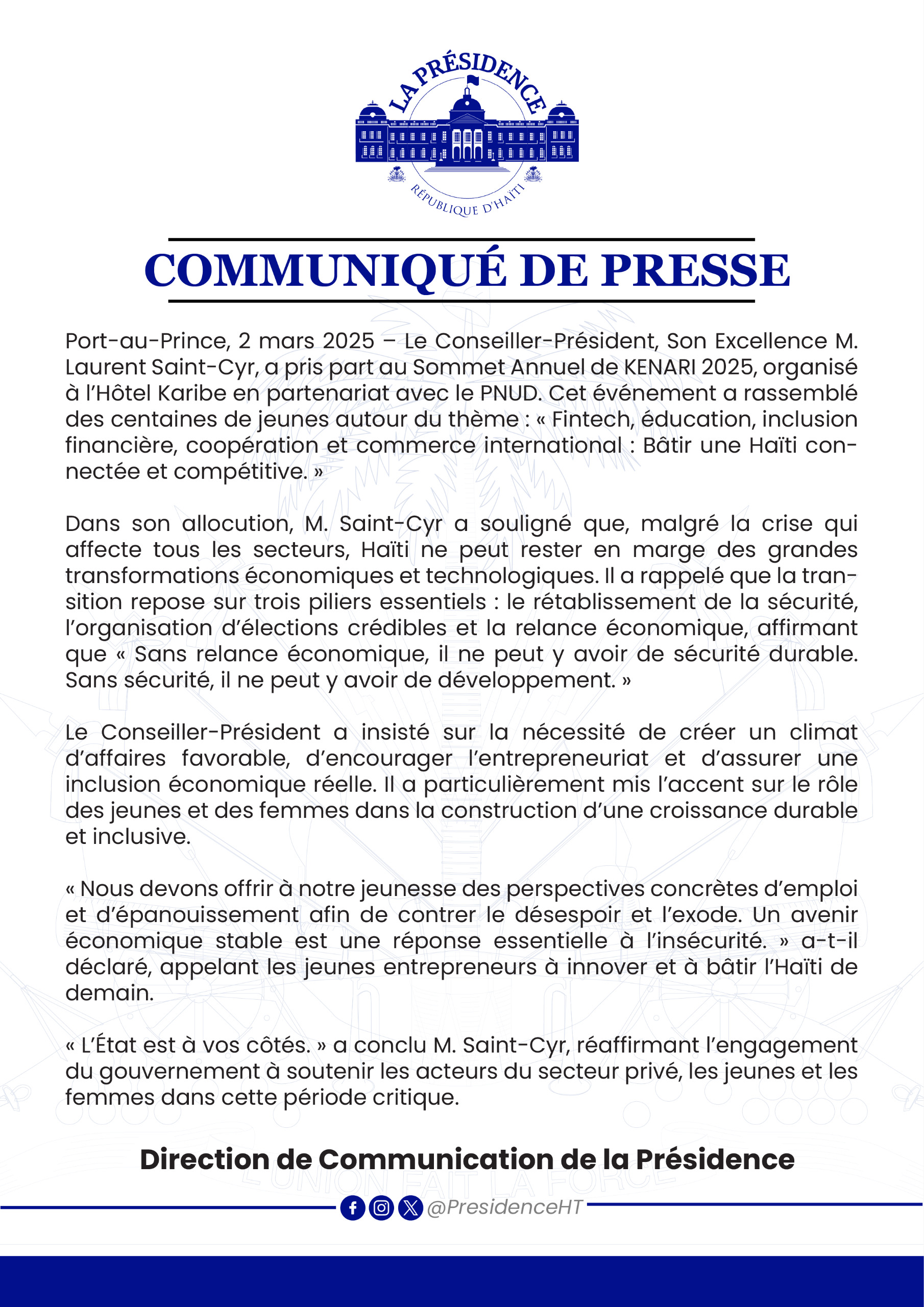 COMMUNIQUÉ DU 02 MARS 2025 - La Presidence